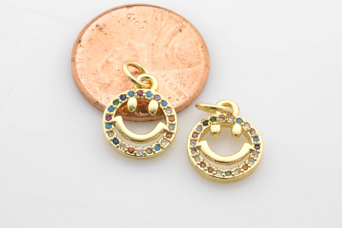 2pc 18k Gold Smiley Face EMOJI Charm Necklace Charm- Multi Colored CZ ...