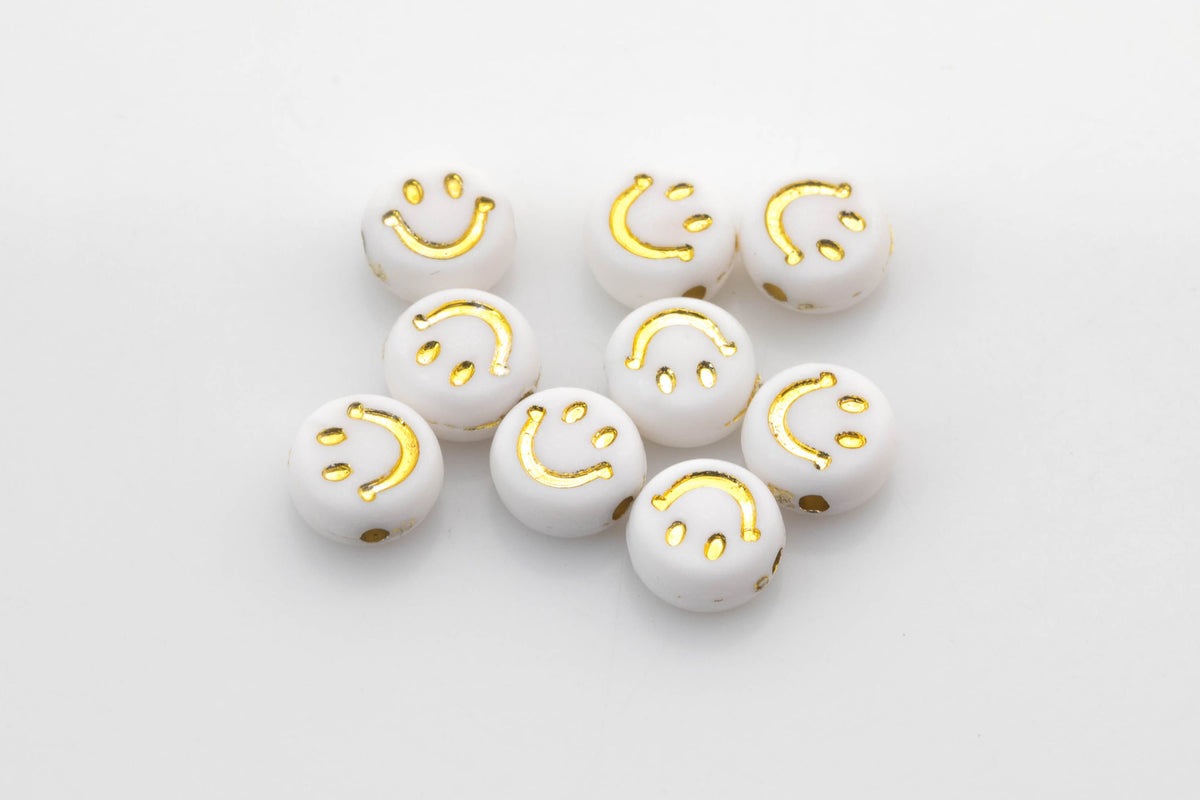 Gold Lettering White Smiley Face Emoji Beads, Name beads, Round Beads ...