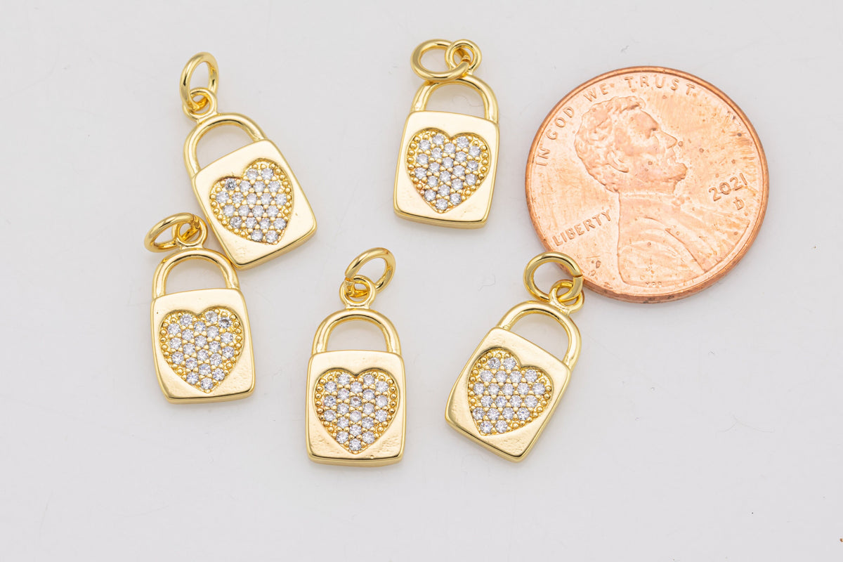1 pc 18k Gold Micro Pave Heart Pendant , Heart Charms, Lock Necklace E ...